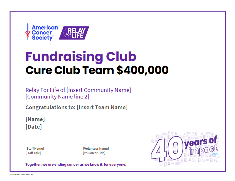 Relay For Life Team Fundraising Club Certificates - American Cancer ...